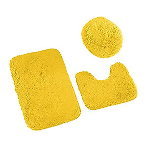 3PCS Bathroom Rugs Sets, Solid Color Bathroom Toilet Floor Mat Toilet Lid Cover Rugs Toilet Carpet Anti-Slip Mat Super Absorbent Plush Bathroom Carpets Mats for Bathroom (Yellow)