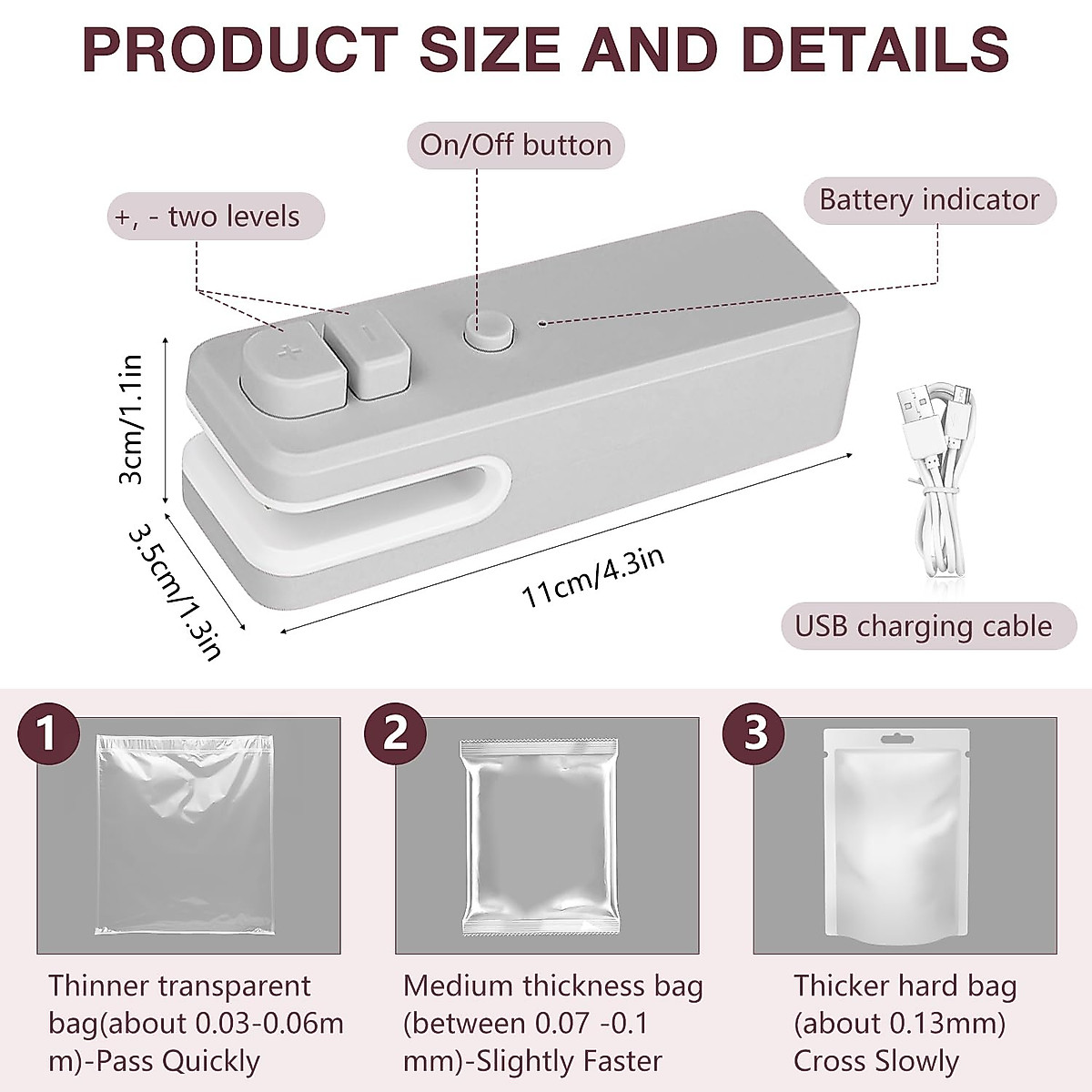 Mini Bag Sealer, 2024 Upgrade USB rechargeable Bag Sealer 2 in 1 Bag Sealer and Cutter Magnetic USB Rechargeable Mini Sealing Machine Heat Seal Tool for Plastic Bags,Snack Bags((Gray)