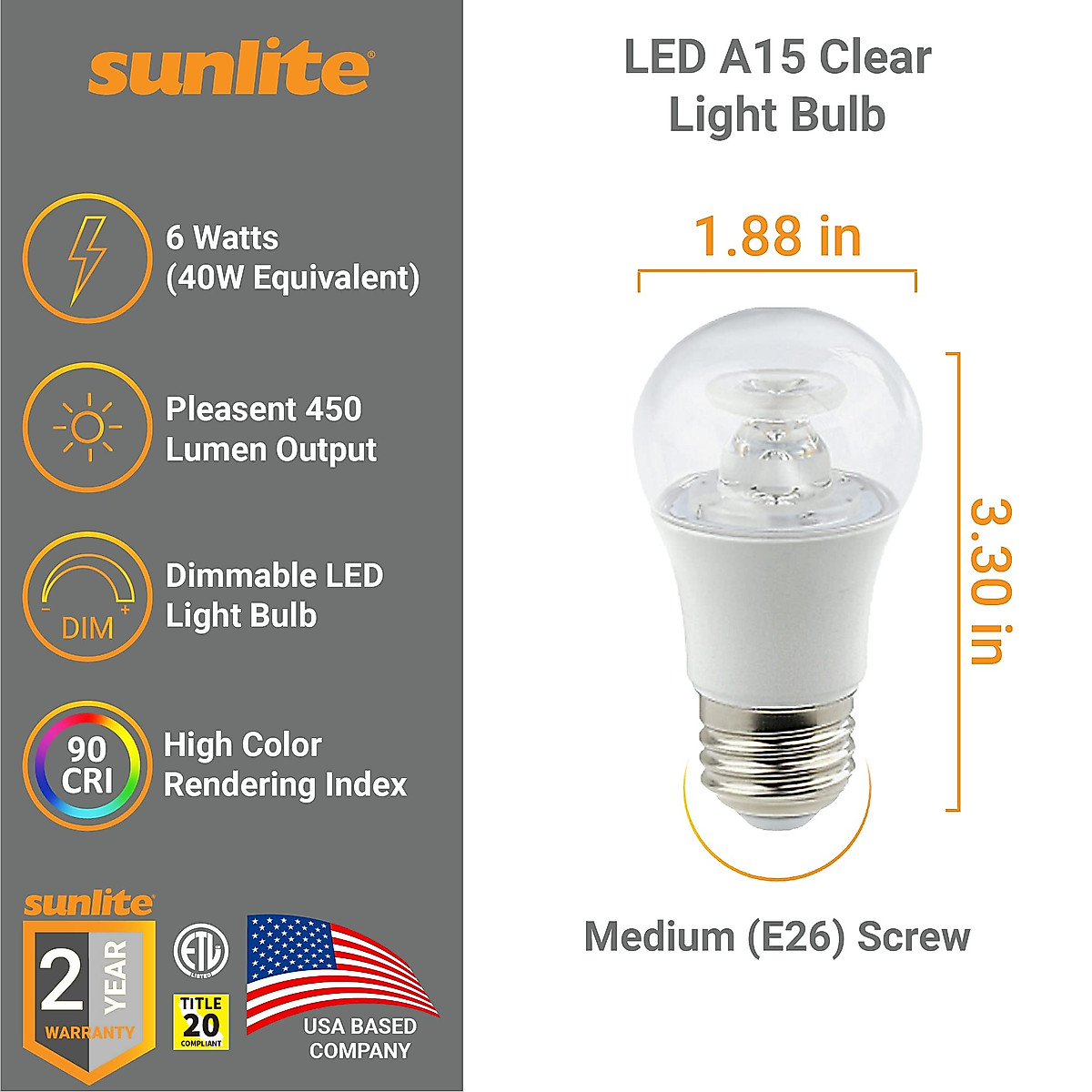 Sunlite 45162 LED A15 Appliance Clear Light Bulb, 6 Watts (40W Equivalent), 450 Lumens, Medium Base (E26), 90 CRI, Dimmable, ETL Listed, Ceiling Fan, Title-20 Compliant, 3000K Warm White, 6 Count