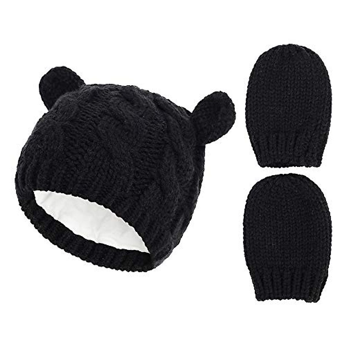 Newborn Winter Beanie Hat Gloves Set for Baby Girls Boys, Infant Toddler Warm Knitted Hat Gloves, Unisex-Baby Beanies (0-1 Months, Gray & Black)