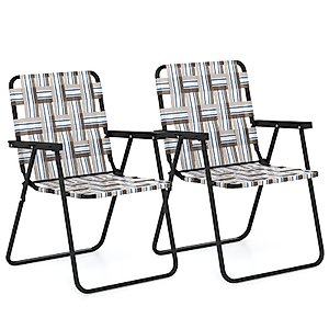 GYMAX Folding Chair, Patio Lawn Chair Set with Armrest, Indoor/Outdoor 2 Pack Webbed Lightweight Dinning Chair, Portable Beach Chair for Outside, Poolside, Backyard (Coffee, 2)