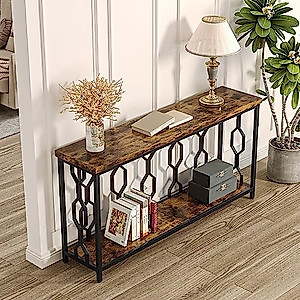 LITTLE TREE Console 55 Inches Vintage Wood Long Sofa 2 Tiers Storage Narrow Entryway Hallway Table, Brown
