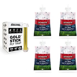 Catchmaster Fly Trap Bundle, Gold Stick 4-Pack & Fly Bag 4-Pack, Fruit Fly Traps for Indoors & Outdoors, for Garage, Backyard, Pool, Patio & Camping