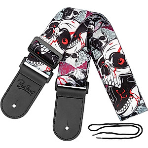 Skull Guitar Strap & Leather Ends Guitar Shoulder Strap for Bass, Electric, Acoustic Guitars