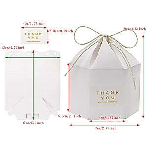 ONLYKXY 50pcs Wedding Candy Boxes 4x7x9cm/1.57x2.75x3.54inch Hexagonal White Kraft Paper Gift Wrap Boxes for Party Favors Wedding Bridal Shower Macaroon Holiday Dinner Birthday Party Decorative Box (White Rope)