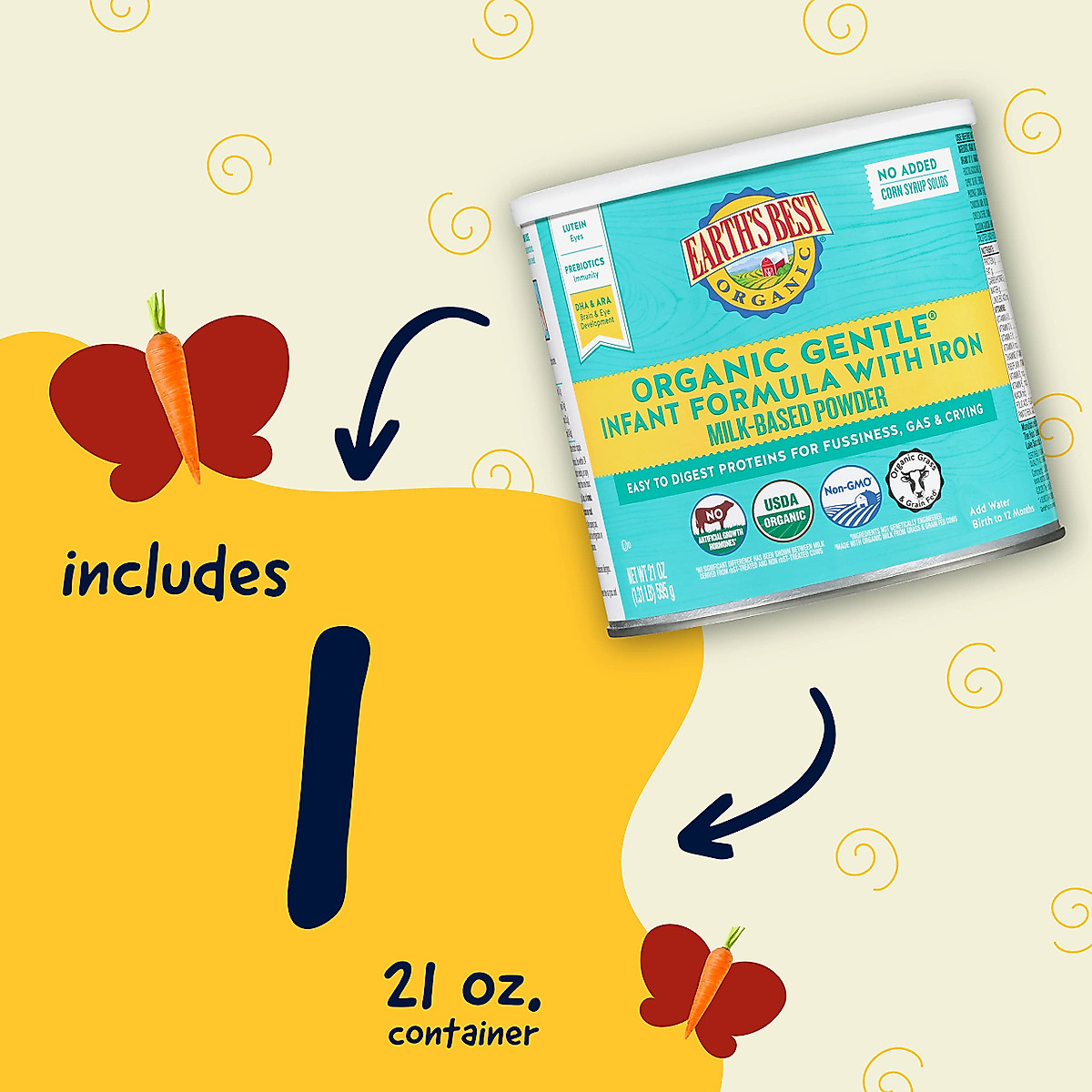 Earth's Best Organic Baby Formula for Babies 0-12 Months, Powdered Milk-Based Gentle Formula with Iron and Easy to Digest Proteins, 21 oz Formula Container