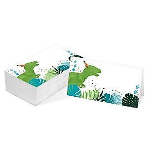 Table Place Card, Dinosaur Themed Tent Style Cards, Pack of 25 Half-Fold Reception Place Card, Green Blue Dino Food Labels, Perfect for Baby Shower, Dinosaur Birthday Party C06