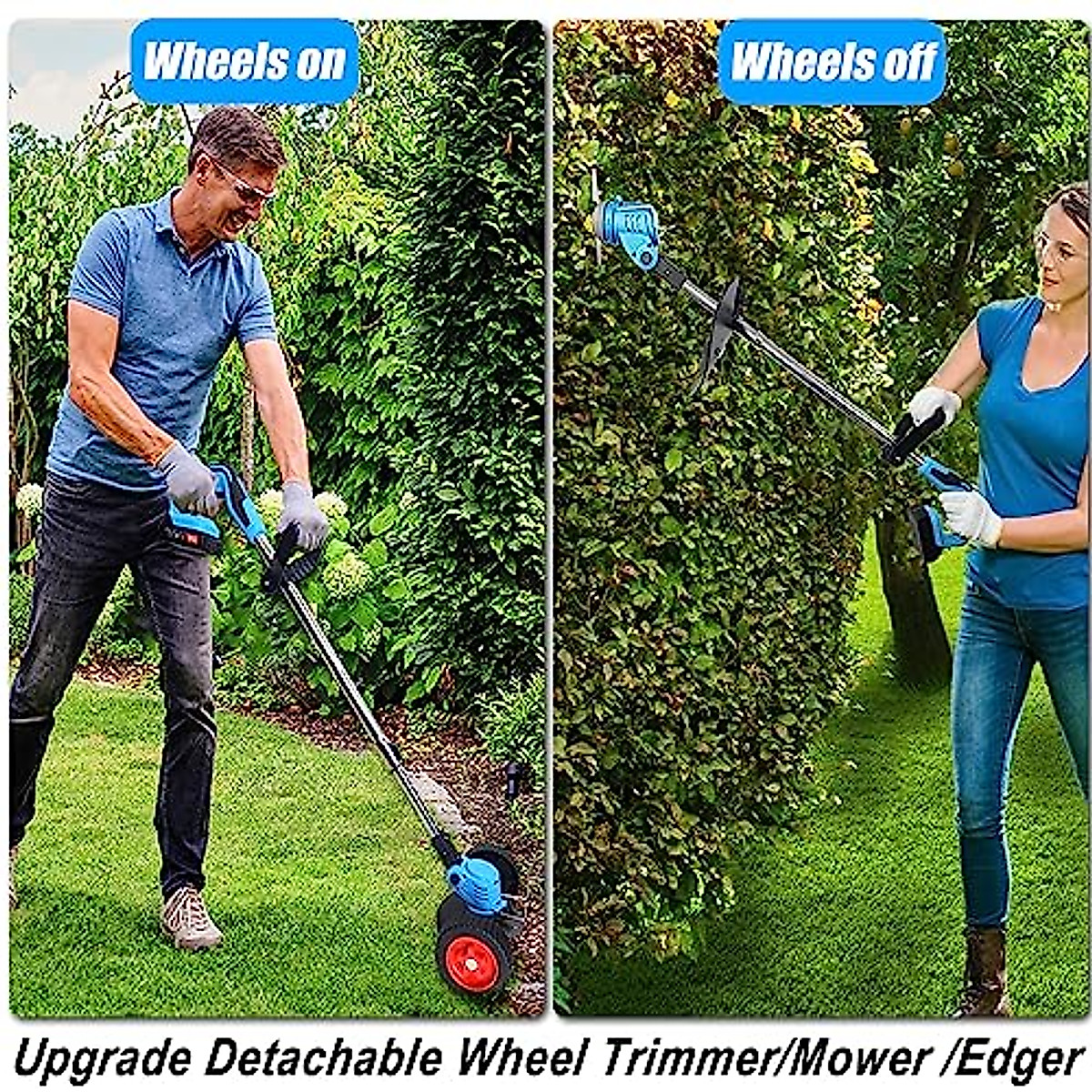 Cordless Weed Wacker Electric Weed Eater with 2 x 21V/2.0Ah Battery Powered and Charger, 3-in-1 Lightweight Brush Cutter Edger Lawn Tool No-String Grass Trimmer Push Wheeled Lawn Mower for Yard Garden