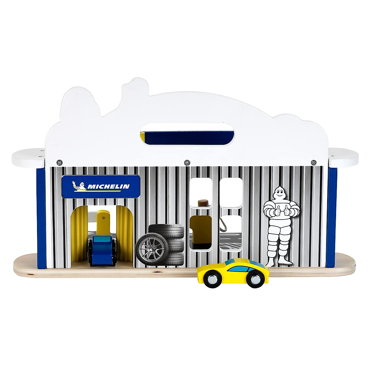 Theo Klein Michelin Car Service Station Kids Wooden Toy Playset with 2 Cars, 2 Fuel Pumps, and Car Wash Station for Ages 3 and Up