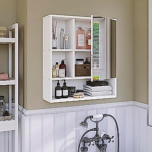 SMIBUY Bathroom Mirror Cabinet Wall Mounted, Bamboo Space Saver Medicine Cabinet, Wall Hanging Over Toilet Storage Cabinet with Mirror Door and Adjustable Shelf (White)