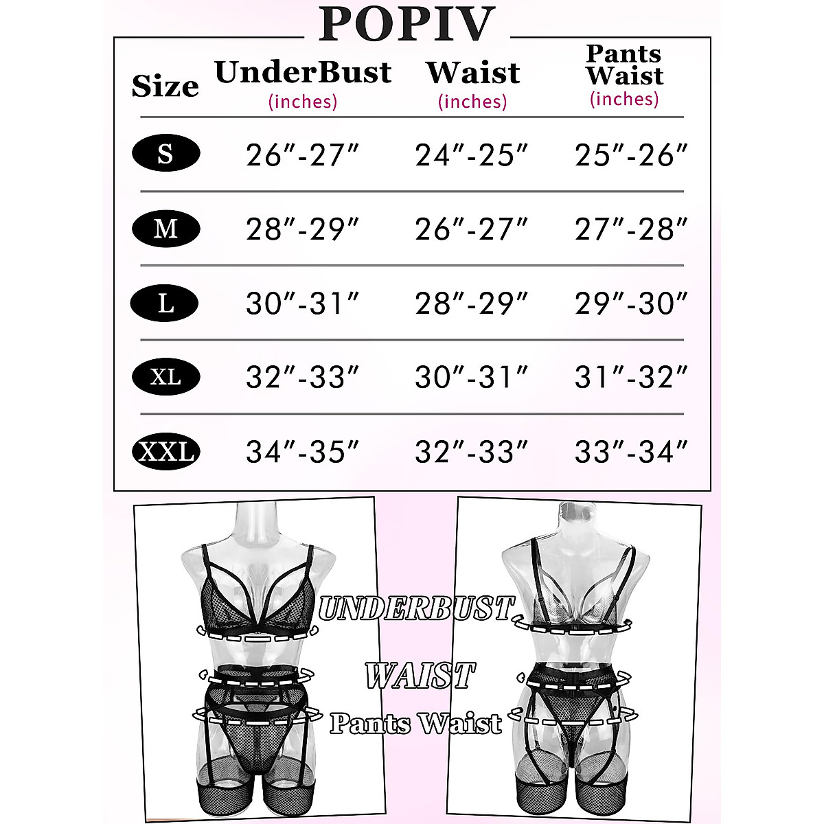 popiv Women's Sexy Lingerie Set with Garter Belt Matching Bra and Panty Lingeries Sets 4 Piece Black
