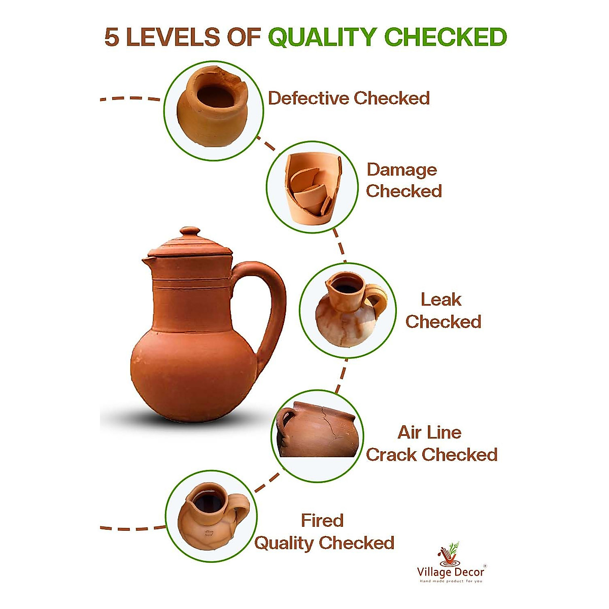 Village Decor Handmade Clay Water Jug With Lid | Carafes Pitcher Capacity 67 oz 2000 ml.