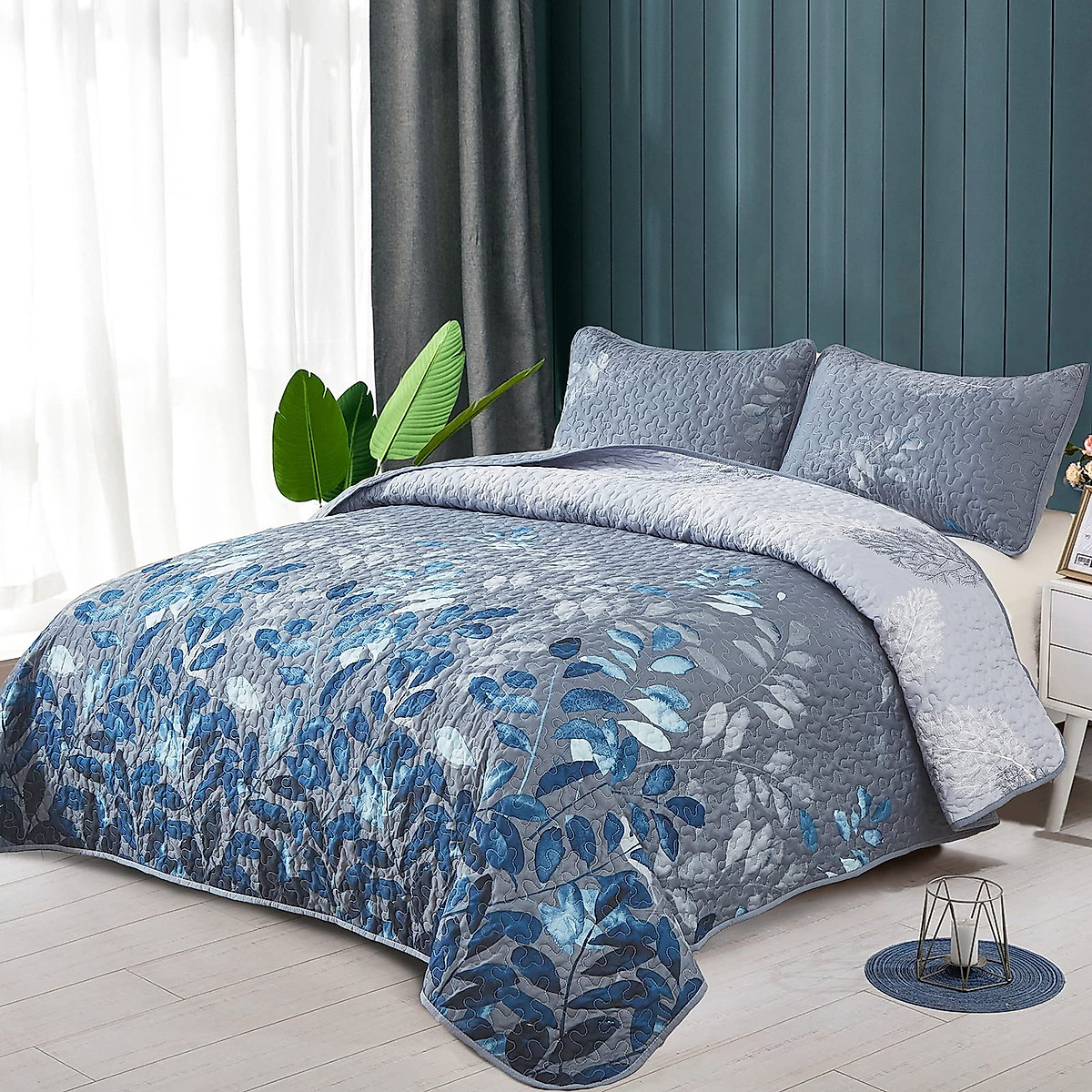 WONGS BEDDING Blue Floral Quilt Set California King, 3 Pieces Botancal Leaves Bedspread Coverlet Set with 2 Pillowcases for All Season, Soft Microfiber Floral Bedding Set 106"×96"