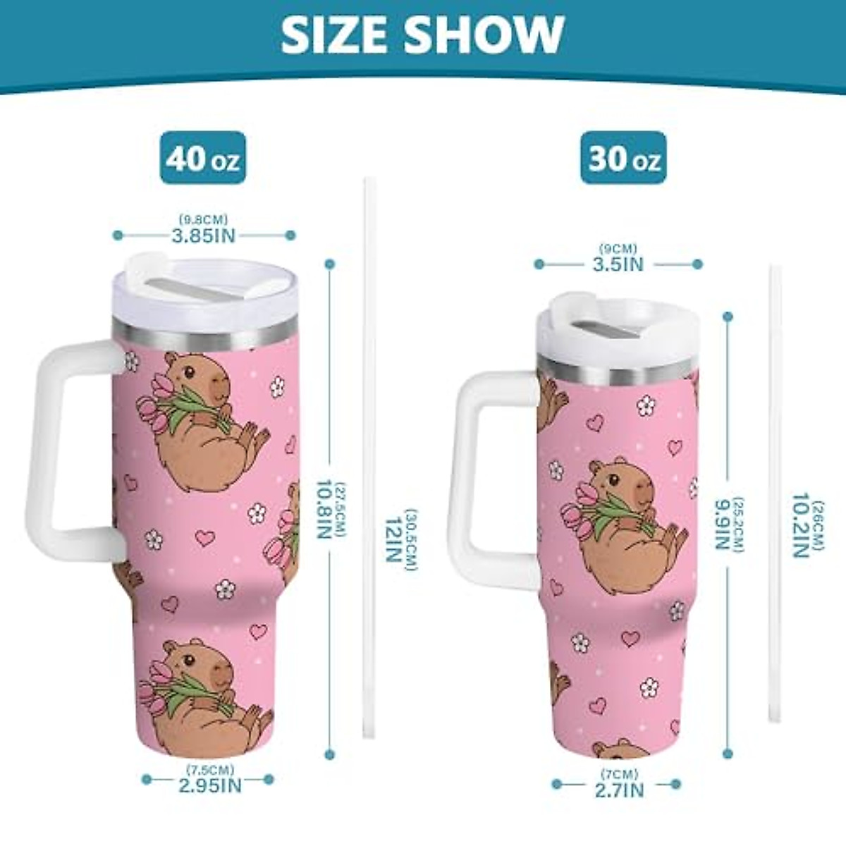 DIGTIA Stainless Steel Insulated Tumbler w/Handle & Straw, Capybara Cute Double Wall Vacuum Travel Coffee Mug Cup w/Lid, Leak-Proof Sports Bouquet Water Bottle,30oz