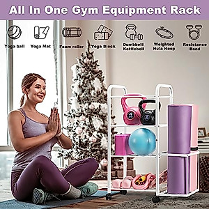 Emfogo Yoga Mat Holder Home Gym Storage Rack Yoga Mat Workout Storage for Foam Roller, Yoga Strap and Resistance Bands, Weight Rack for Dumbbells Workout Equipment Storage Organizer With Wheels