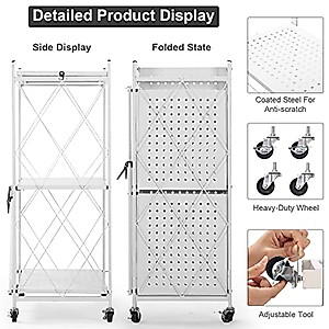 nisboigr 3 Tier Storage Shelves,Folding Storage Shelf with Wheels,Heavy Duty Metal Shelf,Garage Storage Shelf,Metal Rack,White