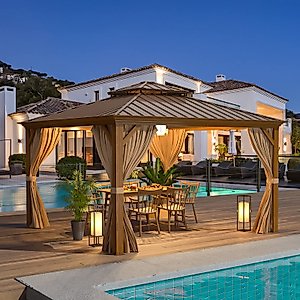 EROMMY 12' x 12' Gazebo, Wooden Finish Coated Aluminum Frame Canopy with Double Galvanized Steel Hardtop Roof, Outdoor Permanent Metal Pavilion with Curtains and Nettings for Patio, Backyard and Deck