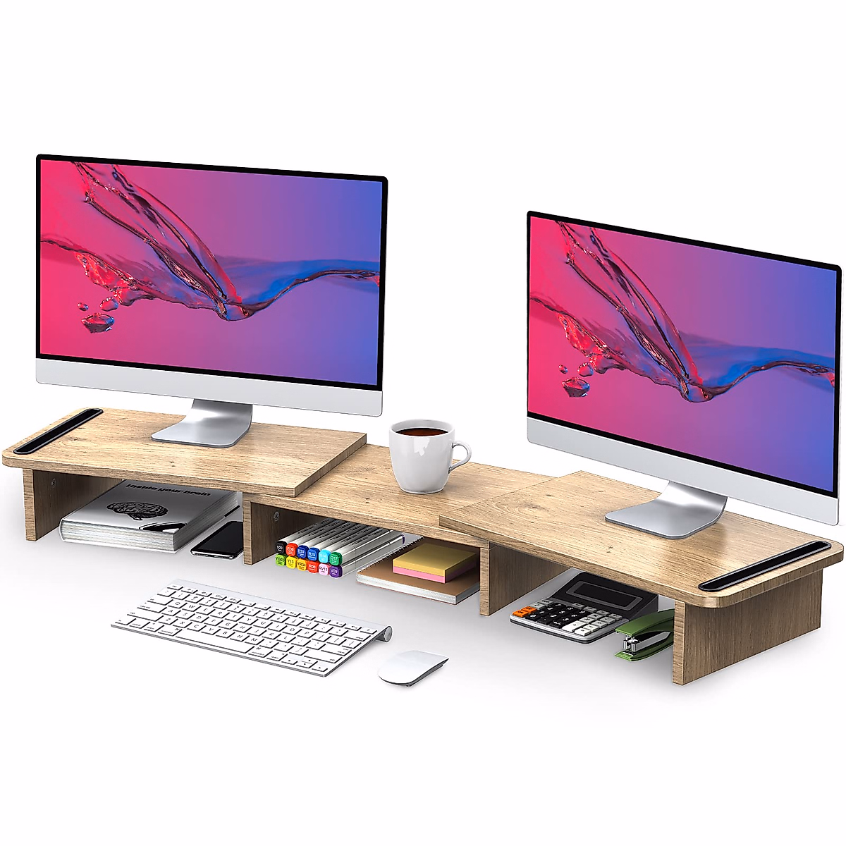 Zimilar Dual Monitor Stand Riser, Monitor Stand with Adjustable Length and Angle, Wood Monitor stand for desk, Monitor Riser for 2 monitors with Storage Space (Oak Large)