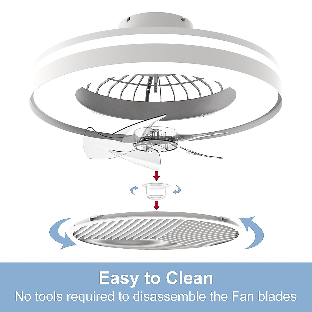 Ceiling Fan with Lights Remote Control,Dimmable Fan Lighting, 20'' Enclosed Bladeless Fan, Semi Flush Mount,2.4GHz Wi-Fi Bluetooth & App Controlled Works with Alexa and Google Assistant (Matte White)