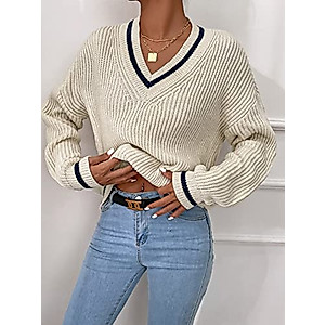 SHENHE Women's V Neck Ribbed Knit Long Sleeve Drop Shoulder Pullover Sweater Tops Beige M