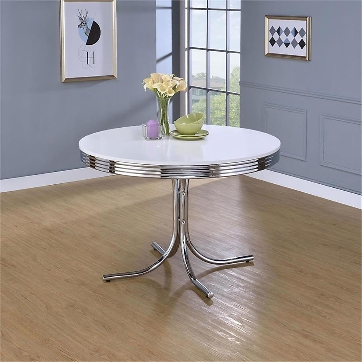 BOWERY HILL 42" Round Vintage Retro Dining Table in White and Chrome