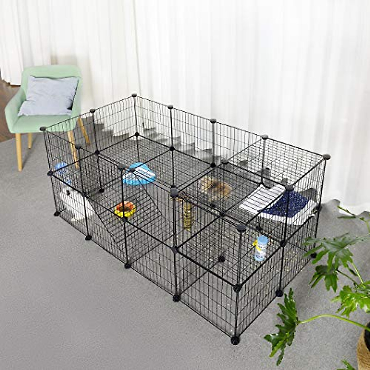 SONGMICS Pet Playpen, Small Animal Playpen, Rabbit Guinea Pig Cage, Zip Ties Included, Metal Wire Apartment-Style Two-Story Pet Premium Villa for Bunnies Puppies, Indoor Use, Black ULPI02H