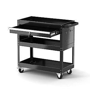 3-Tier Tool Cart Rolling Mechanic Service Cart on Wheels with Drawer, 330lbs Capacity Utility Cart, Big Rolling Tool Storage Cart and Tool Organizer for Garage Warehouse Workshop and Room (Black)