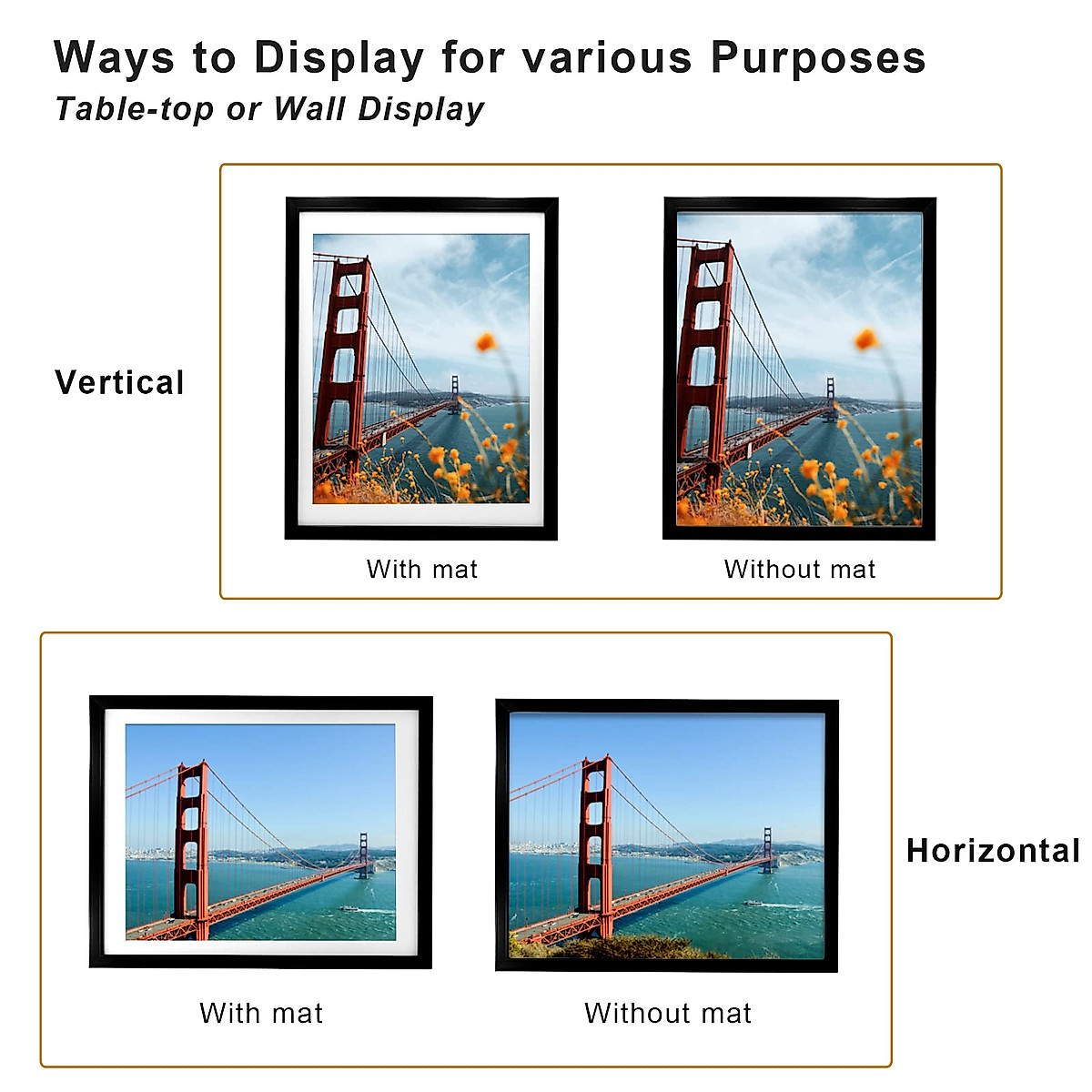 KINLINK 12x16 Picture Frame Black Set of 1, Wooden Photo Frame Matted 11x14 with Plexiglass for 11x14 with Mat or 12x16 without Mat for Table and Wall Display