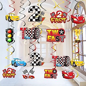 Aodocuto Race Car 2 Fast Birthday Decorations Hanging Swirls for Boys, 16Pcs Car Theme 2nd Birthday Foil Swirls Party Supplies, 2 Year Old Let's Go Racing Birthday Party Ceiling Decor