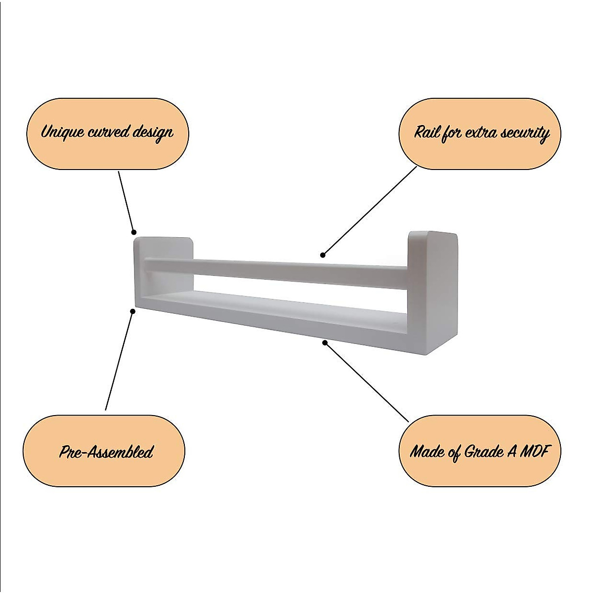 MASHBA Nursery Floating Shelf, Set of 2, White Wall Mounted Bookshelves for Organizing Books, Toy Storage, Knick Knacks, and Cute Home Decor