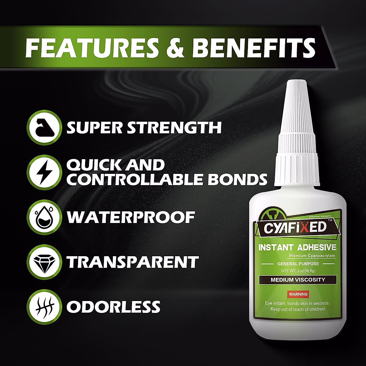 Strong Cyanoacrylate (CA) Super Glue by CYAFIXED - 4 Oz Value Pack -"All Purpose" Medium Viscosity Adhesive, Instant Bonding Glue for General Home Repair, Ceramics, Wood, Glass, Plastics and More