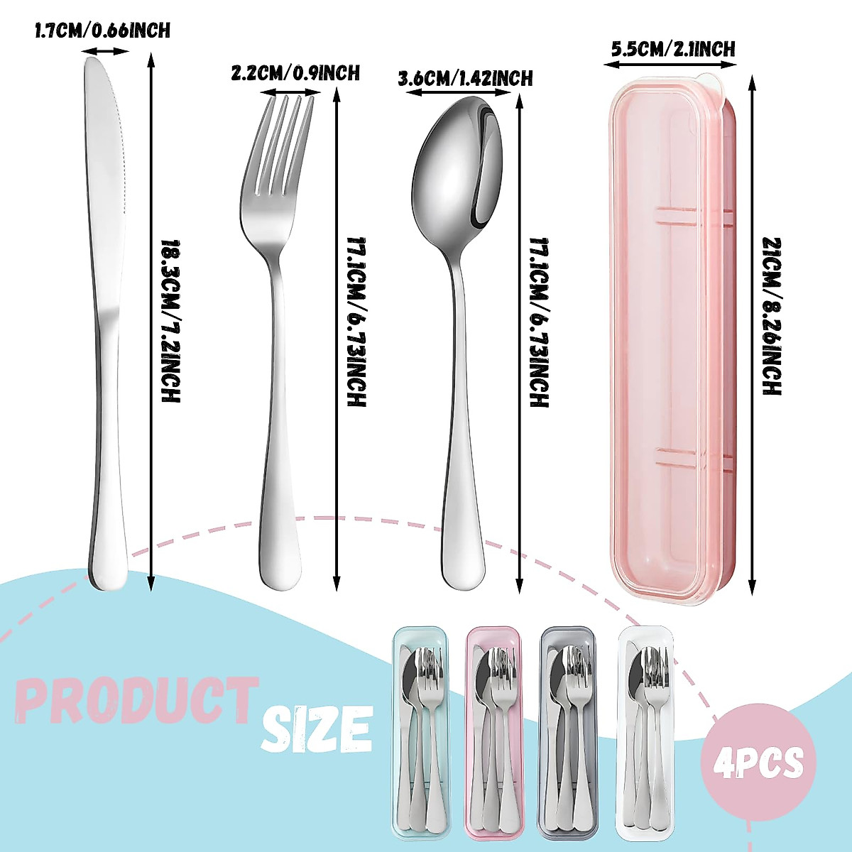 4 Sets Portable Utensils Set with Case Stainless Steel Flatware with Case Travel Reusable Silverware set with Case Camping Fork Spoon Knife Set