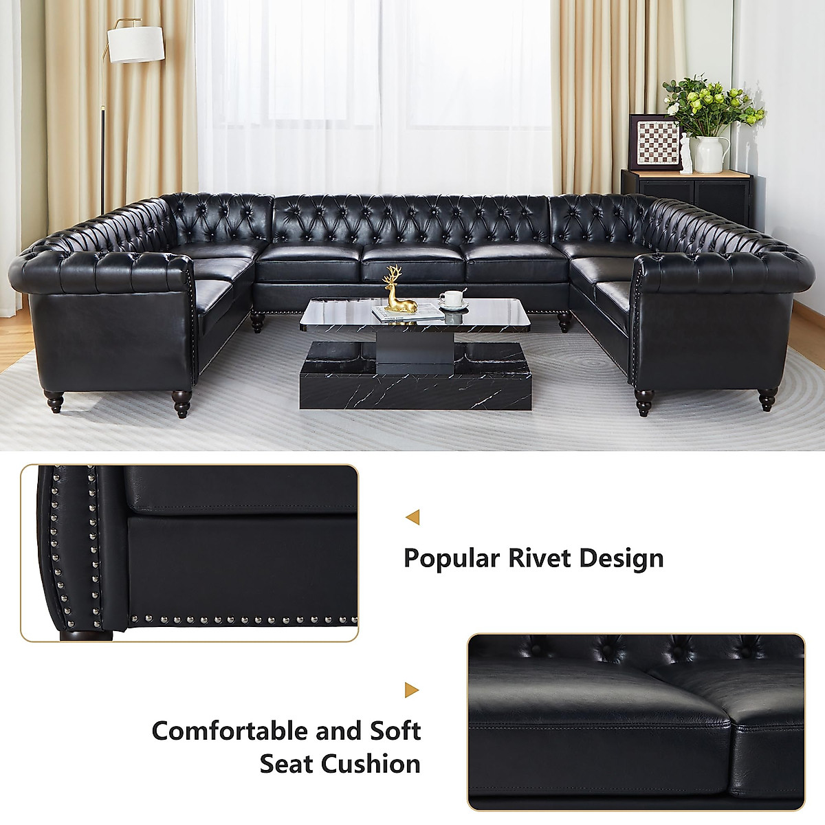 QHITTY U-Shaped Sofa, Sectional Chesterfield Leather Faux Couch 9-Seater Upholstered Large Accent Tufted Sofa with Rolled Armrest and Nailhead Design for Living Room, Apartment, Office (Black)