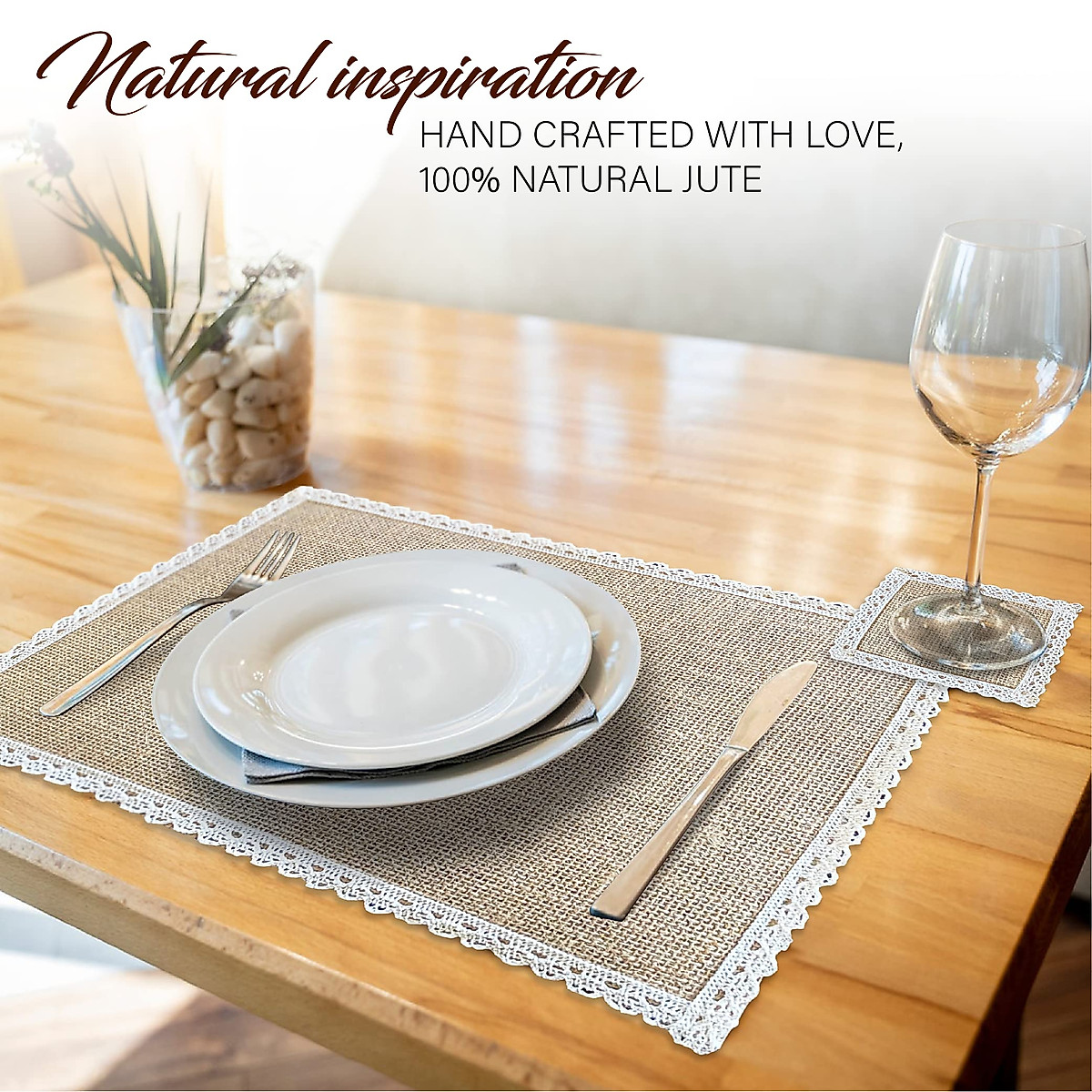 Burlap Placemat 8 pc Set, Farmhouse Placemats Set of 4 with Coasters, Jute Rustic Place Mats and Coasters, Linen Table Mats and Coasters, Set of 4, Heat Resistant