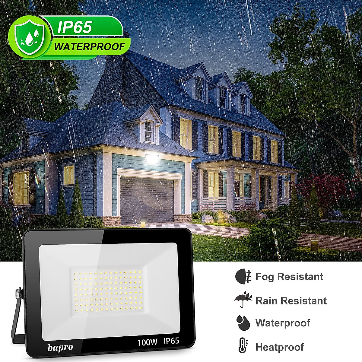Royana 100W LED Flood Light Outdoor with Plug, IP65 Waterproof LED Work Lights, Portable Daylight White Floodlight Spotlight, 6000K 10000LM Super Bright Security Light for Yard Garden Court Lawn