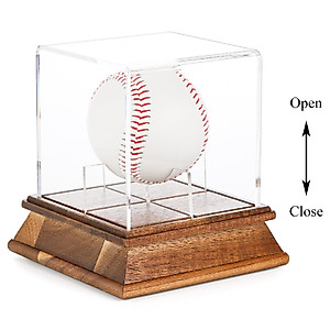 Tebery Baseball Display Case Wooden Stand, UV Protected Acrylic Cube Baseball Holder, Memorabilia Autograph Base Display Case with Clear Cover, Square Storage Stand Box, Fits Official Size Ball