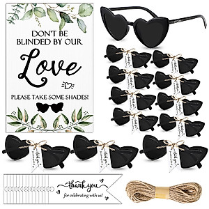 Saysurey 50 Sets Wedding Favors for Guests Sunglasses Wedding Party Gifts Wooden Love Wedding Sign 50 Black Heart Glasses Mr & Mrs Sunglasses with 50 Thank You Cards and Hemp Rope