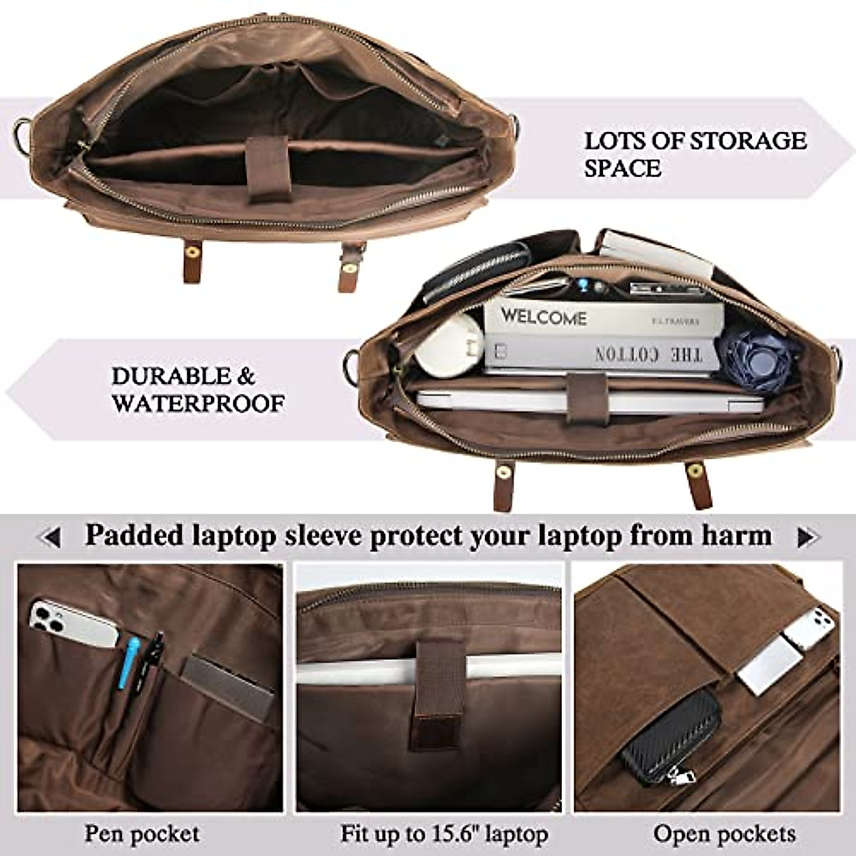 Messenger Bag for Men 15.6 Inch Waterproof Large Satchel Bag Vintage Genuine Leather Waxed Canvas Laptop Briefcase Rugged Leather Computer Shoulder Work Bag Brown