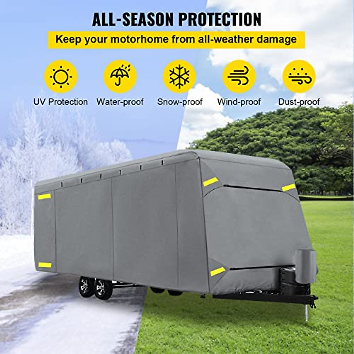 VEVOR RV Cover, 30'-33' Travel Trailer RV Cover, Windproof RV & Trailer Cover, Extra-Thick 4 Layers Camper Cover, Waterproof Ripstop Anti-UV for RV Motorhome with Adhesive Patch & Storage Bag,Grey