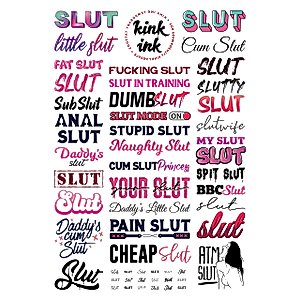 Kink Ink - 34 x "Slut" Temporary Tattoo Kinky A4 Sheet