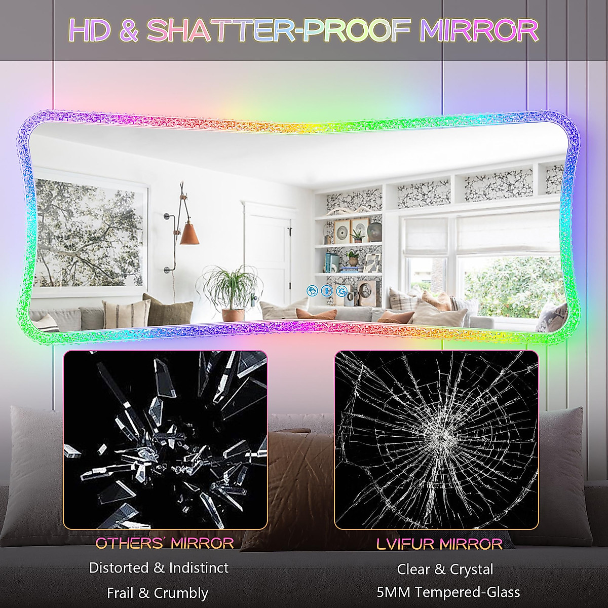 Lvifur RGB LED Full Length Mirror 48”x20”, Wall Mounted Hanging Mirror 7 Dynamic & 7 Static Modes Dimmable, Full Body Lighted Mirror for Bedroom, Cloak Room