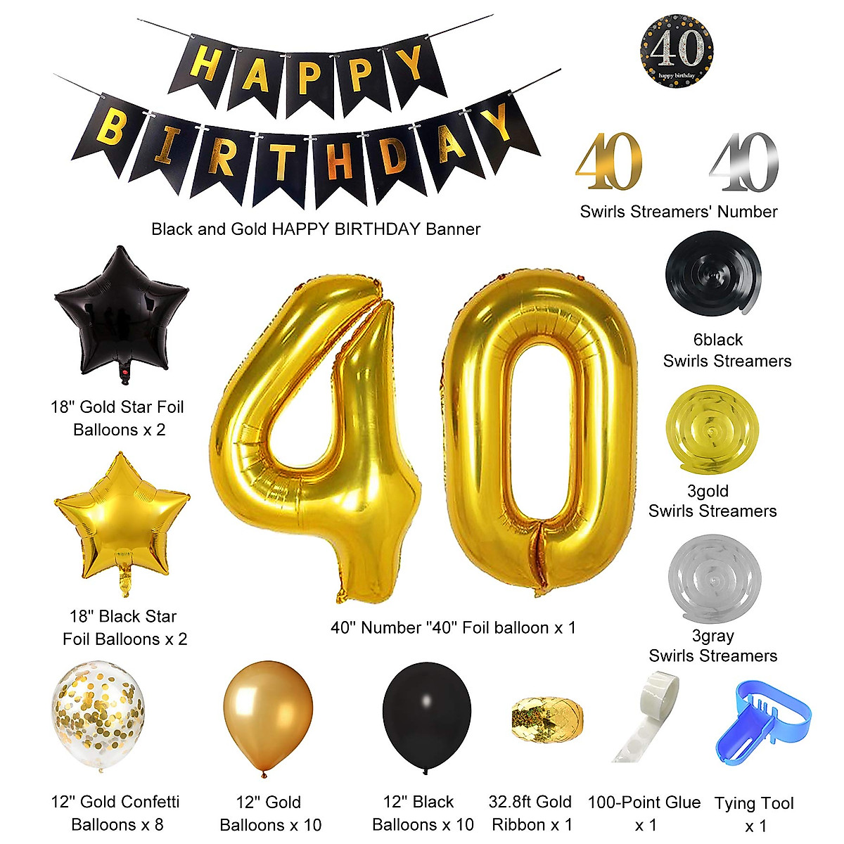 40th Birthday Decorations for Men Women, Black and Gold Party Decorations Kit - Happy Birthday Banner Black and Gold Balloons Confetti Balloons Swirls for 40th Birthday Decorations Party Supplies