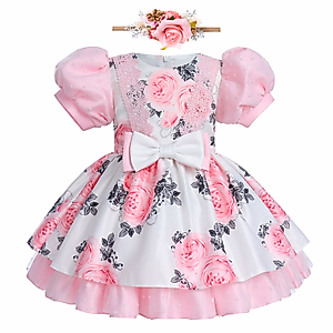 Baby Girl First Birthday Party Dress Headband Outfit Toddler Kids Flower Printed Short Sleeve Bowknot A-line Knee Length Lace Tutu Princess Dress for Pageant Wedding Bridesmaid Formal Pink 6-12M
