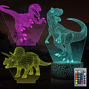 3D Dinosaur Led Night Light - Come with 3 Patterns Acrylic Plate,16 Colors Changing & Remote Control Dino 3D Illusion Lamp for Kids Room Decor