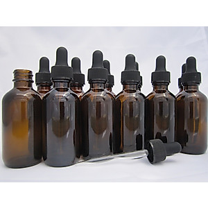 DropperStop™ 2oz Amber Glass Dropper Bottles (60mL) with Tapered Glass Droppers - Pack of 12