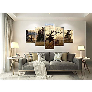 Nature Calligraphy Animal Scenery Elk Wall Art Deer Canvas Hunting Wall Decor Deer Decor for Living Room Wall Decor Deer Wall Art Deer Pictures Large 5 Panel Printed Painting Framed [60''W x 32''H]
