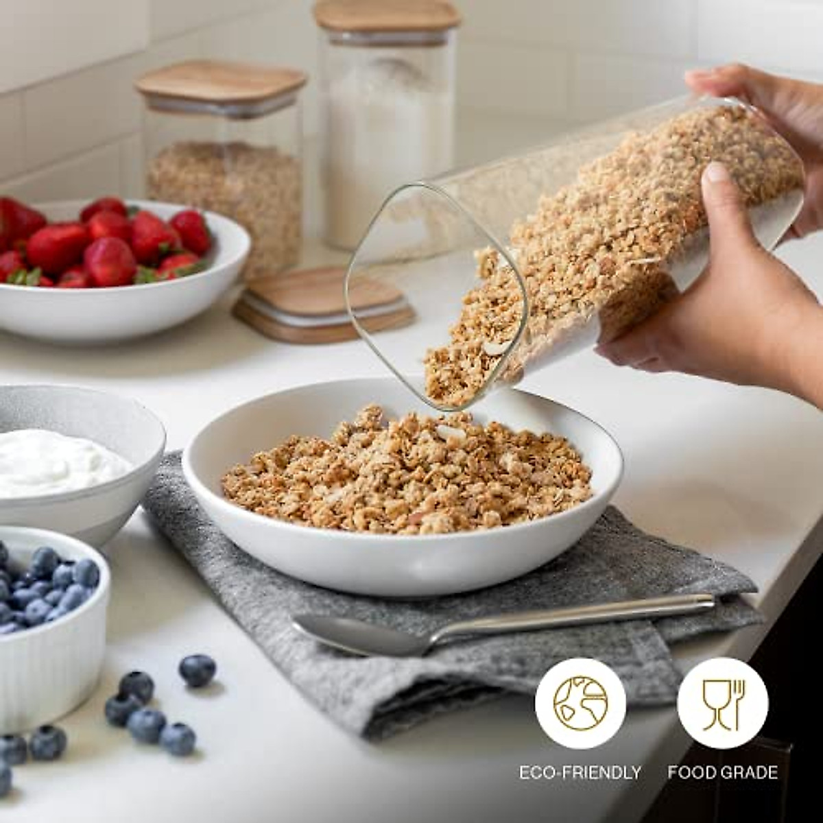 Bloom & Breeze Airtight Glass Pasta Containers for Pantry, Spaghetti Container, Glass Cereal Containers Storage, Rice Dispenser, Square Glass Storage Acacia Lids, Pack of 2, 73oz