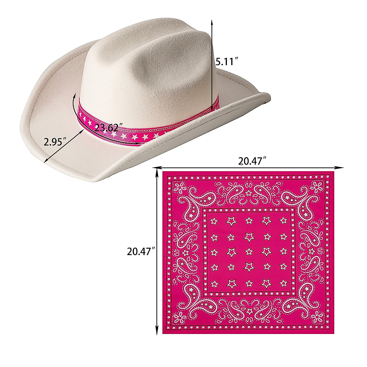 White Cowgirl Hat with Bandana,70s 80s Cowgirl Costume, Felt Cowboy Hats for Women Men Halloween Bachelorette Party (Hat-Star)