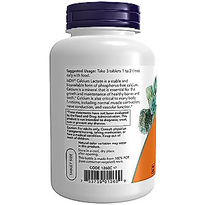 NOW Supplements, Calcium Lactate, Supports Bone Health, Easy to Swallow Tablet, 250 Tablets
