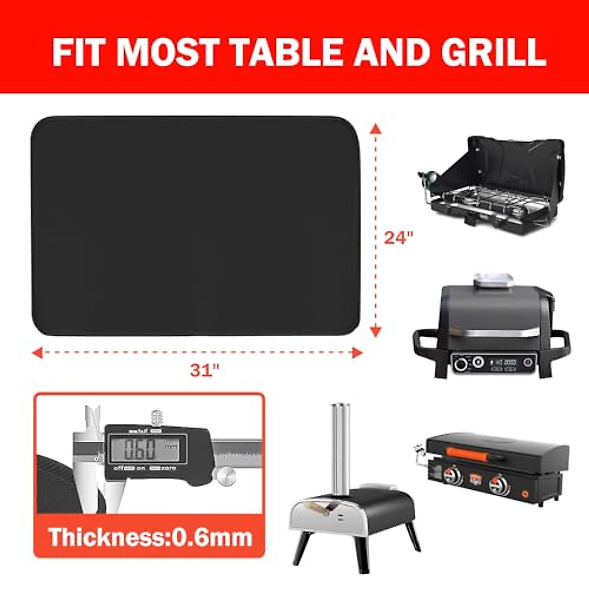 TOHONFOO 24" x 31" Grill Mat Fireproof for Outdoor Grill Protecting Prep Barbecue Table - Heat Resistant BBQ Tabletop Grilling Griddle Pad, Easy to Clean & Storage - Waterproof & Foldable, 0.6mm